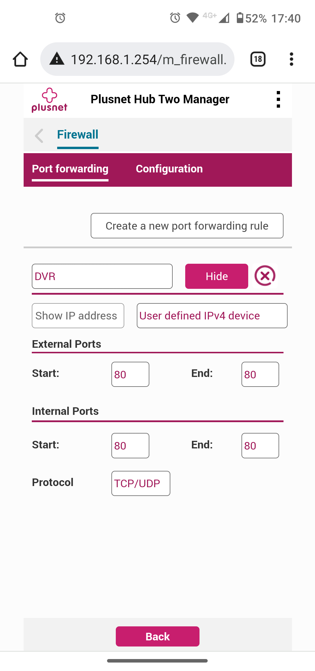 Fixed: CCTV DVR settings for Hub 2 - Plusnet Community