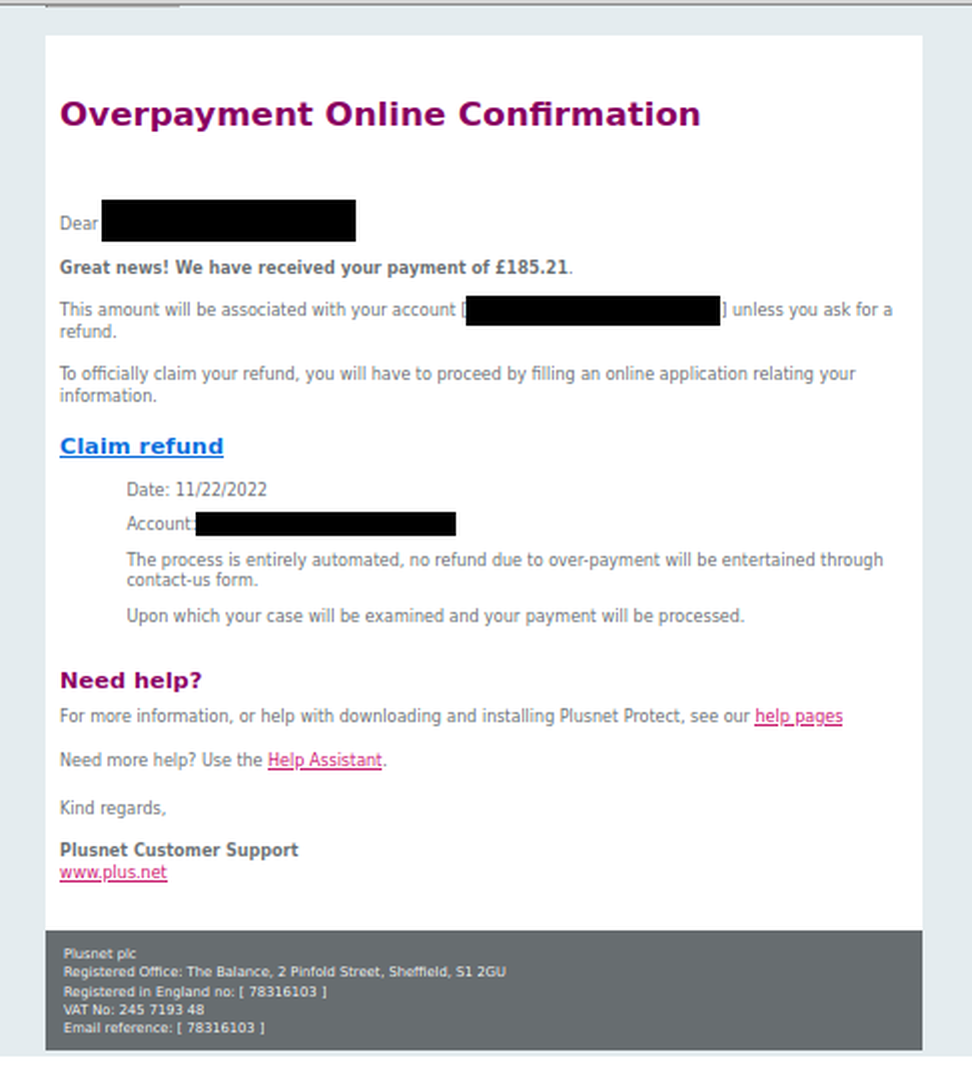 Overpayment Refund Scam Email Warning - Plusnet Community