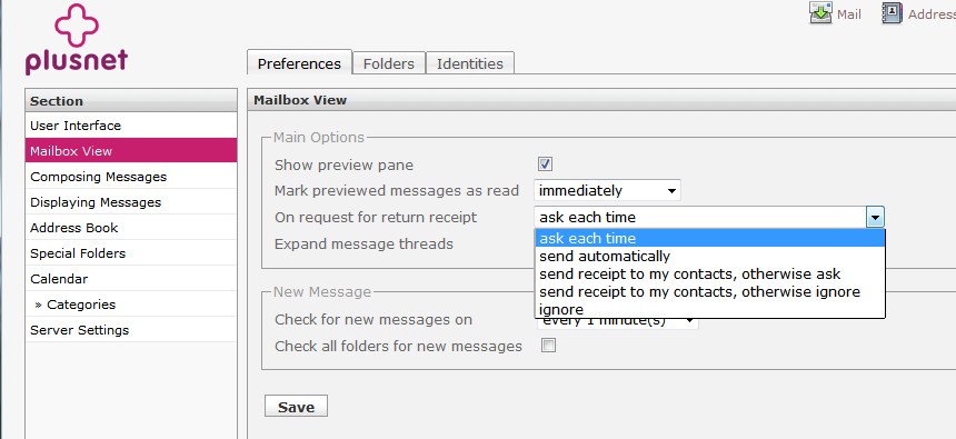Fixed: Webmail receipt settingsI - Plusnet Community