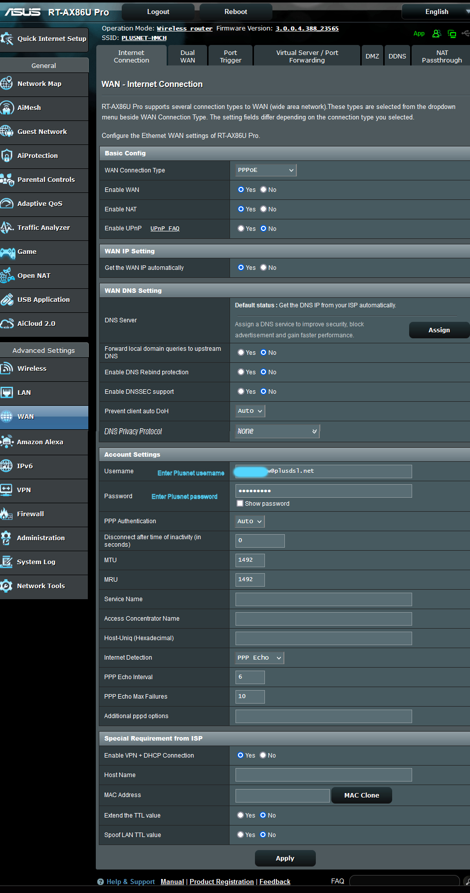 Configuring Asus RT-AX86u Router for Full Fibre in... - Plusnet Community