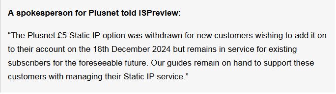 Static IP no longer available? - Plusnet Community
