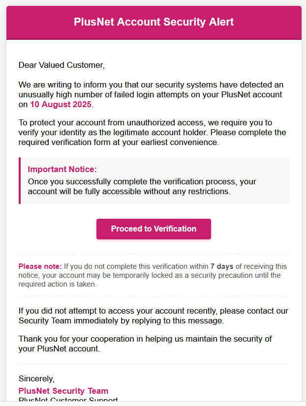 Warning - Attempted scam - Plusnet Community